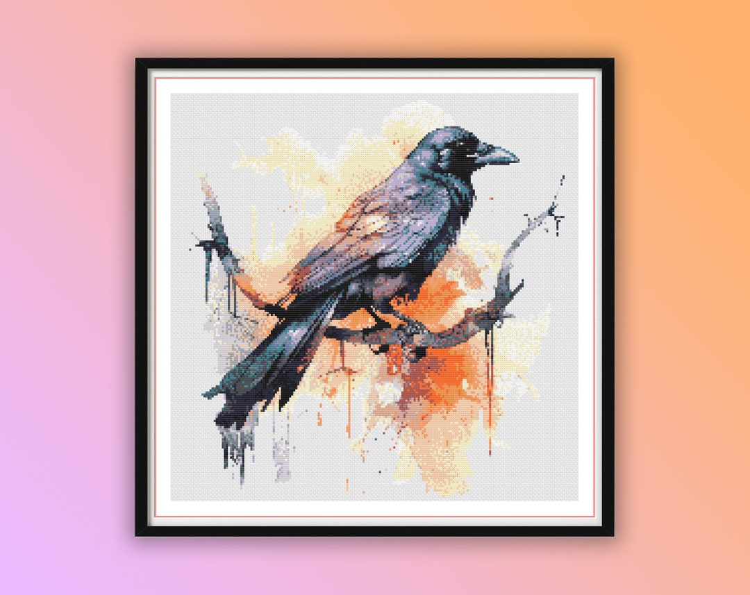 Watercolor Gothic Raven Counted Cross Stitch PDF Pattern, Bird on the ...