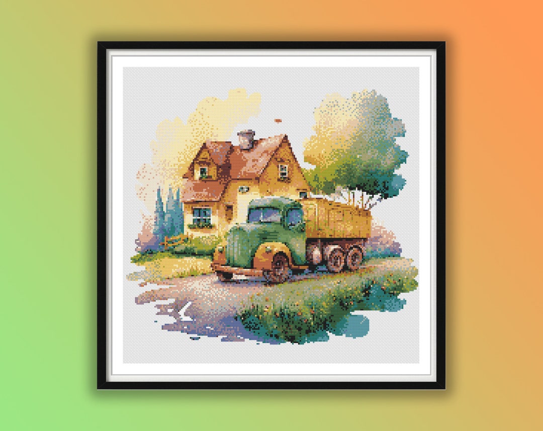 Vintage Farm Landscape Cross Stitch Pattern: Green Truck, Red Barn ...