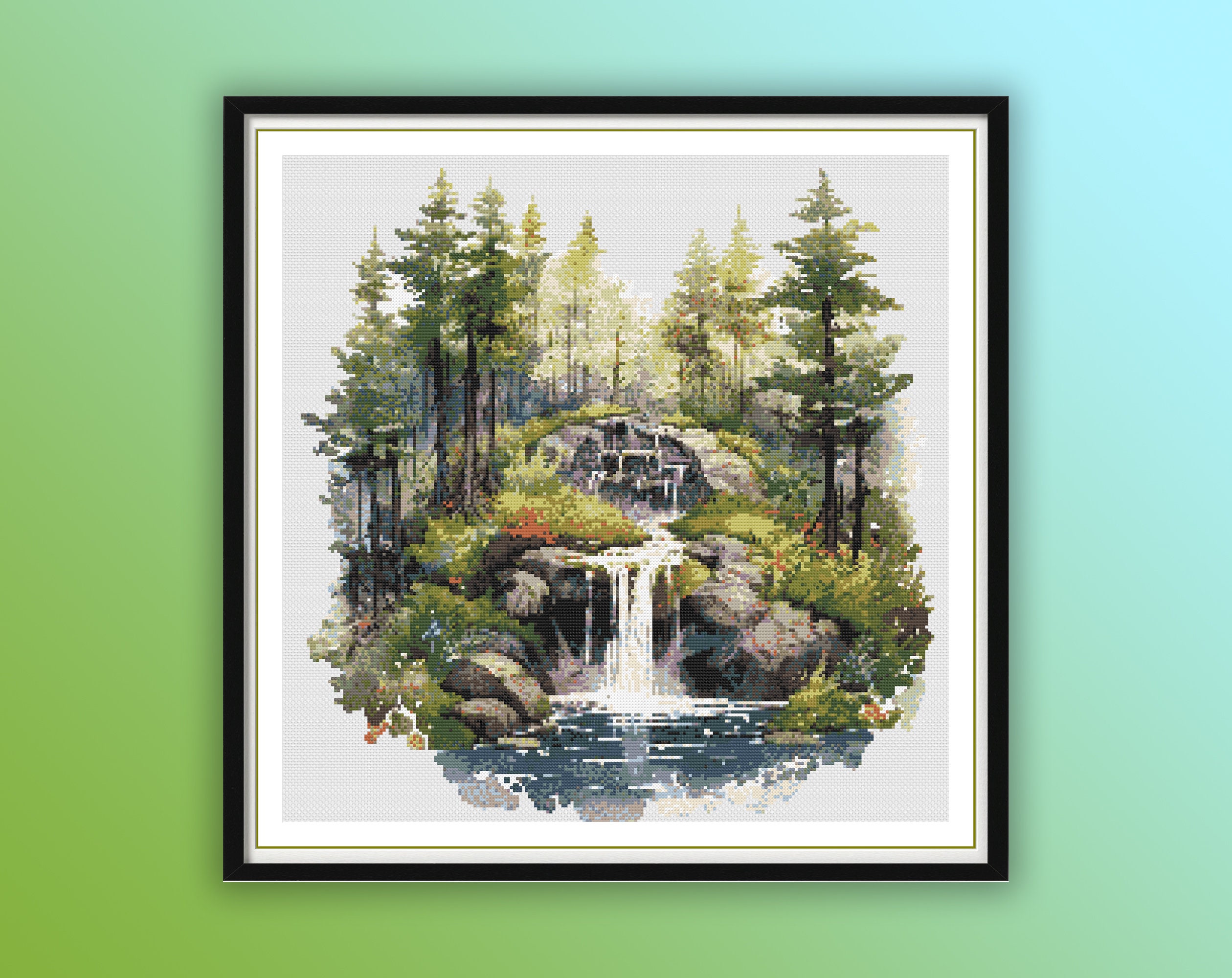Enchanting Watercolor Forest Waterfall Cross Stitch Pattern: Digital ...
