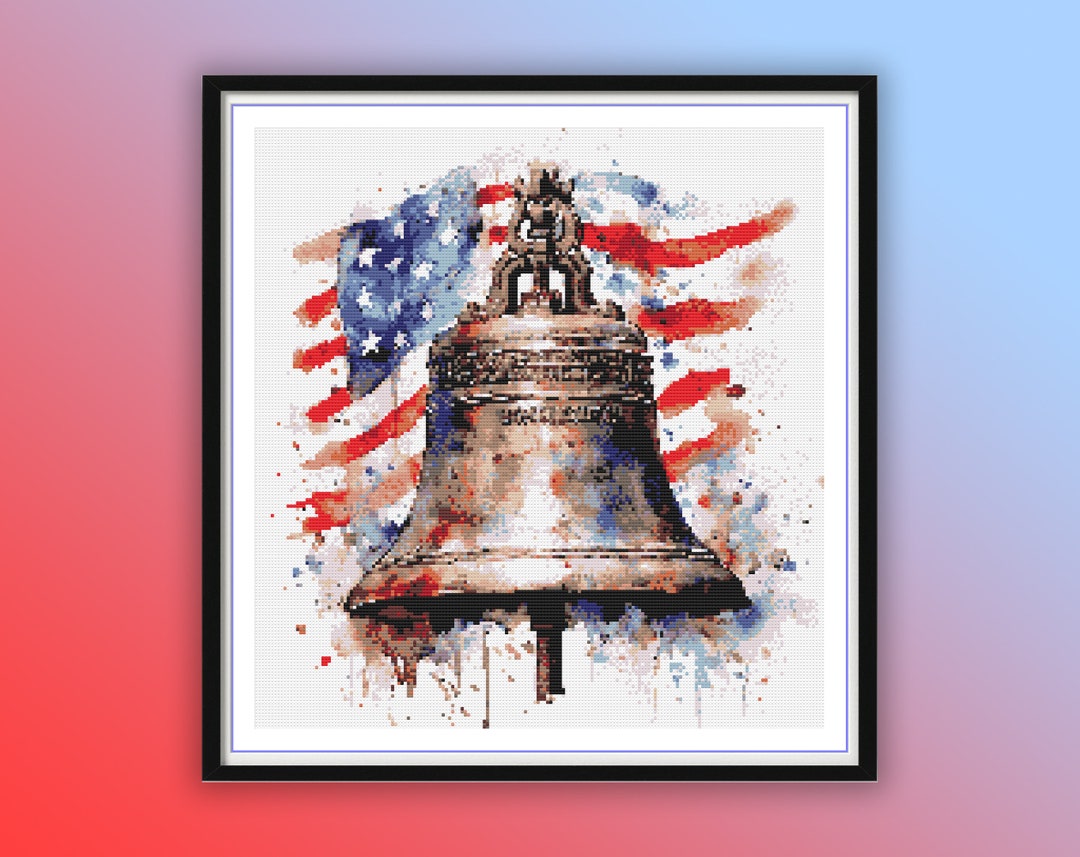 Patriotic Watercolor Liberty Bell & USA Flag Cross Stitch Pattern - 4th ...