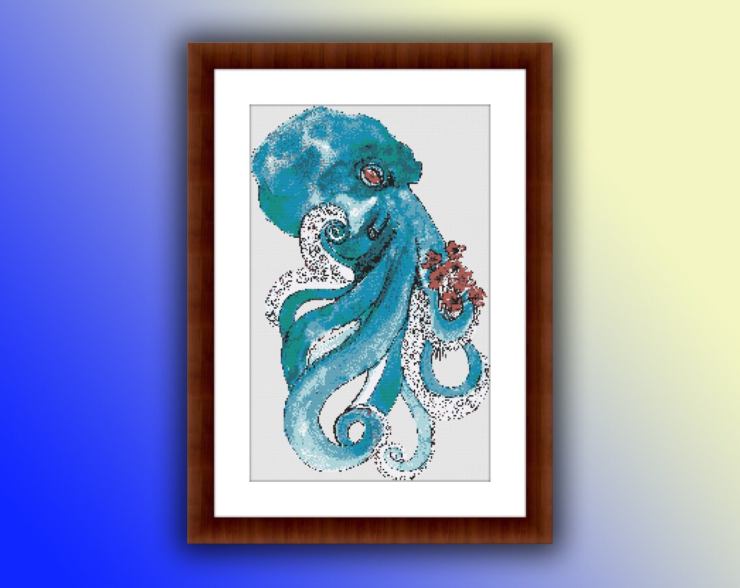 Watercolor Blue Octopus Counted Cross Stitch PDF Pattern, Ocean Animals ...