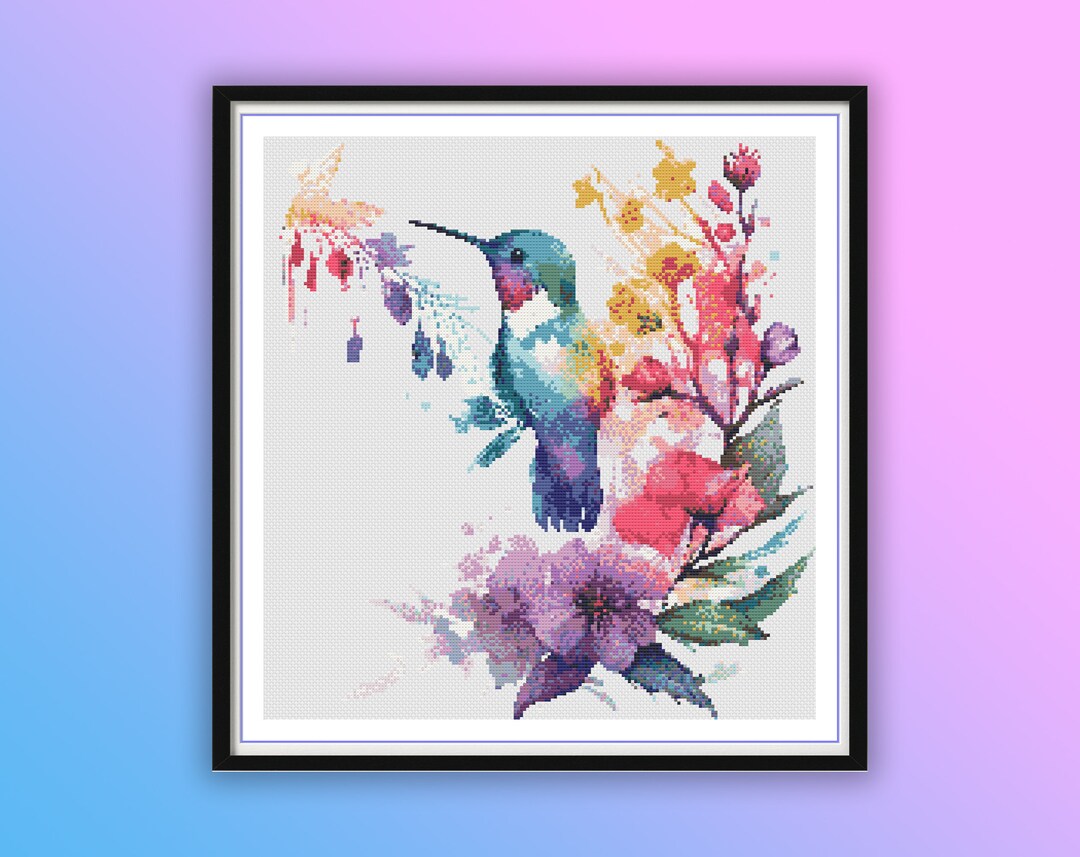 Watercolor Floral Hummingbird Counted Cross Stitch PDF Pattern, Nature ...