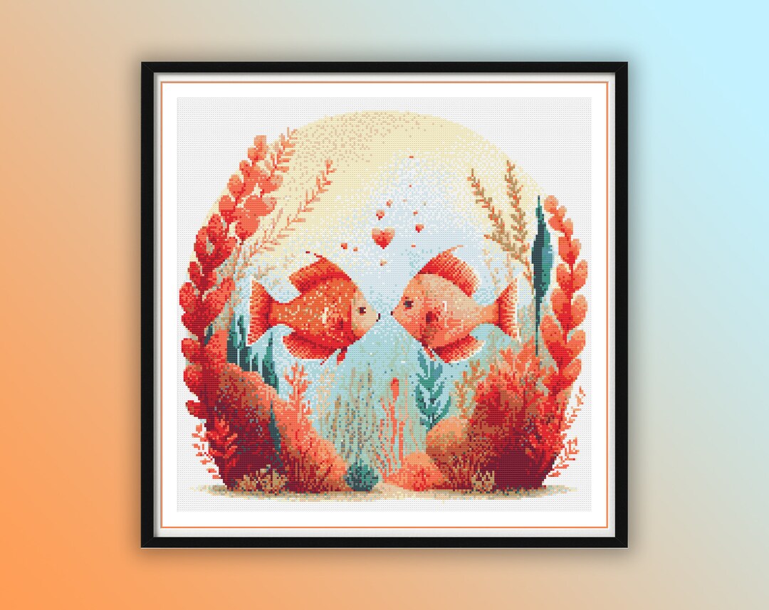 Watercolor Fish in Love Counted Cross Stitch PDF Pattern, Aqua World ...