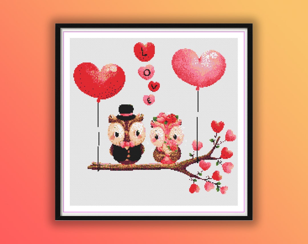 Cute Valentines Day Owls Counted Cross Stitch PDF Pattern, Wedding Owls ...