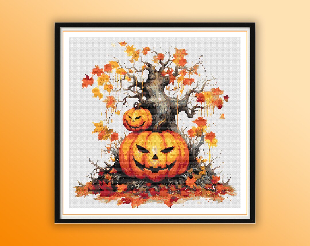 Spooky Halloween Tree Cross Stitch Pattern: Watercolor Pumpkin Ghost ...