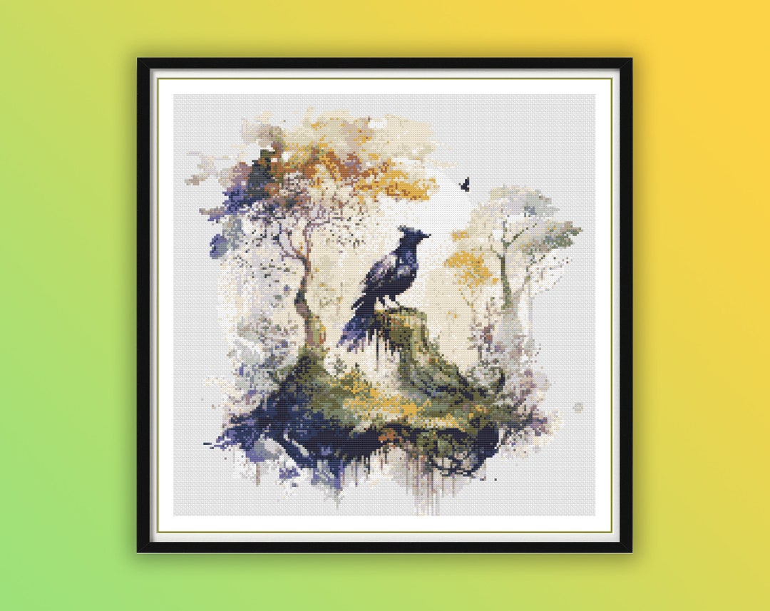 Watercolor Raven at Enchanted Forest Counted Cross Stitch PDF Pattern ...