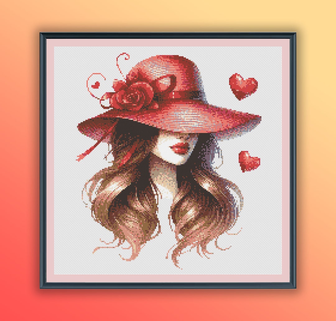 Watercolor Girl in the Retro Red Hat Counted Cross Stitch PDF Pattern ...