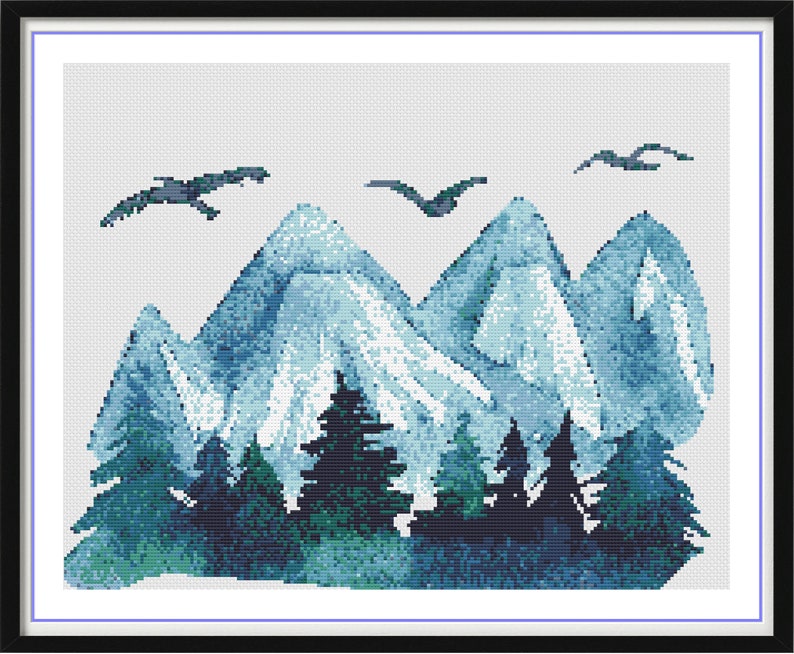 Serene Pine Forest and Mountain Landscape Counted Cross Stitch Pattern ...