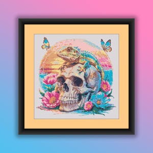 Watercolor Lizard on Floral Skull Counted Cross Stitch PDF Pattern ...