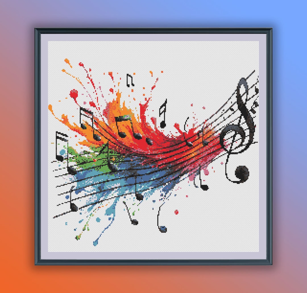 Vibrant Watercolor Musical Notes Cross Stitch Pattern: Modern Hand ...