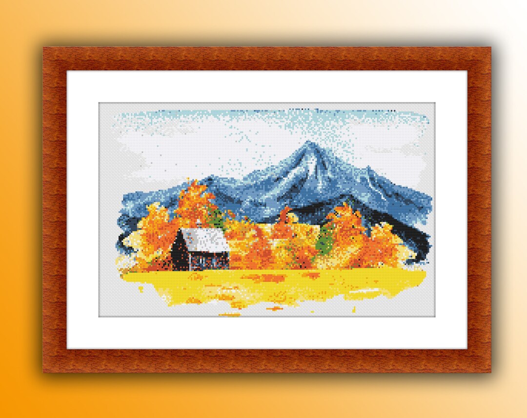 Scenic Autumn Landscape Cross Stitch Pattern: Watercolor Fall Trees and ...