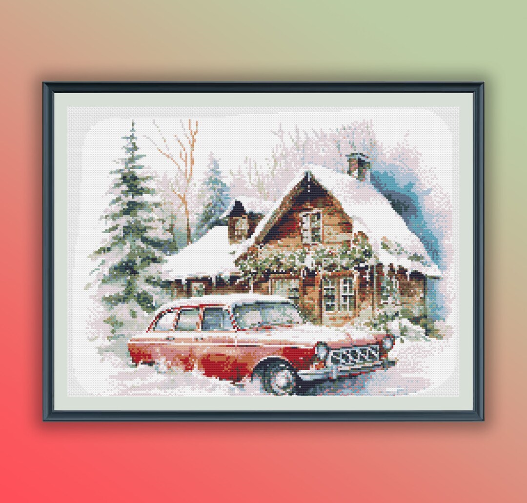 Vintage Christmas Farmhouse Cross Stitch Pattern: Watercolor House, Red ...