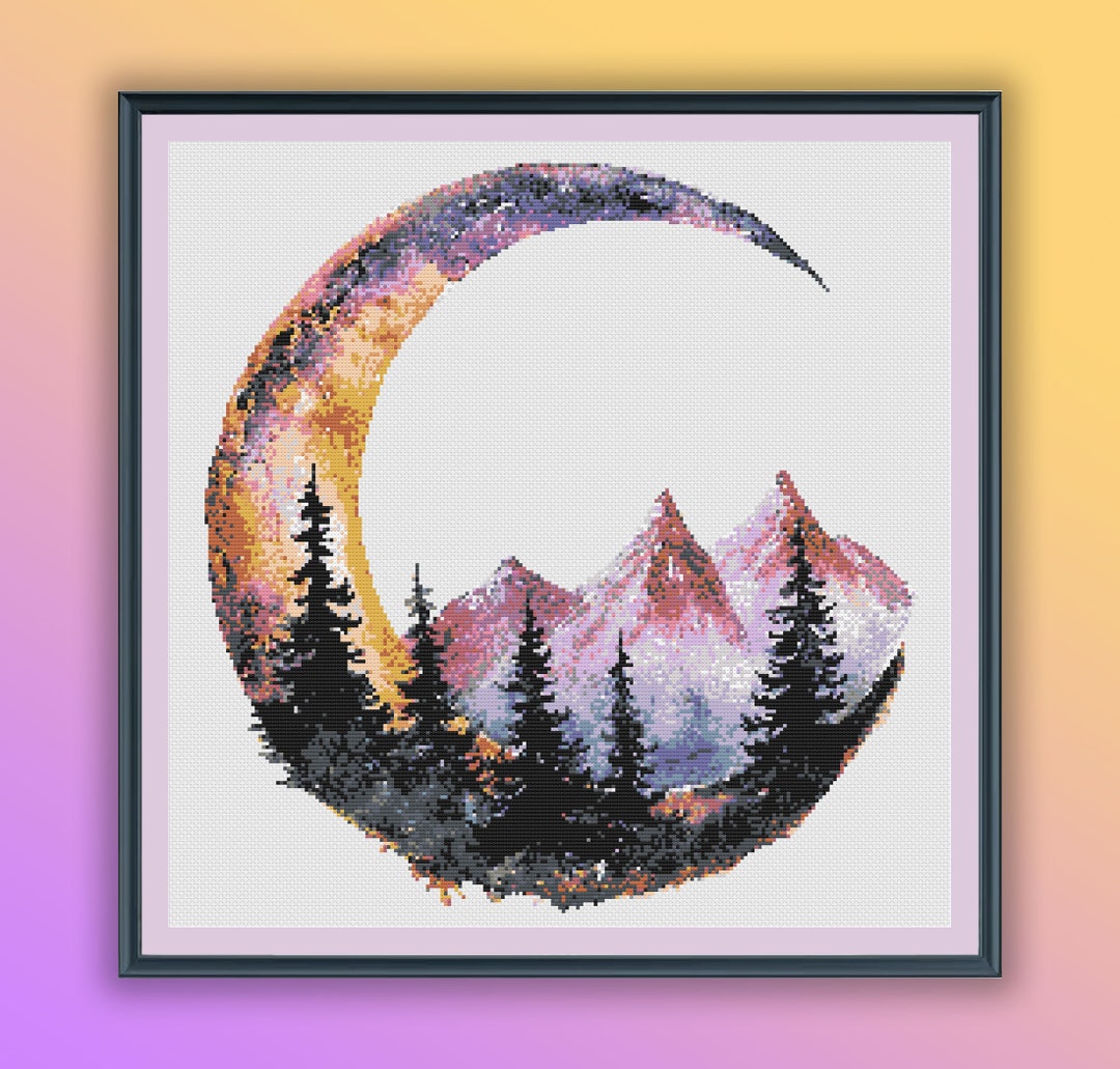 Watercolor Enchanted Forest and Moon Counted Cross Stitch PDF Pattern ...