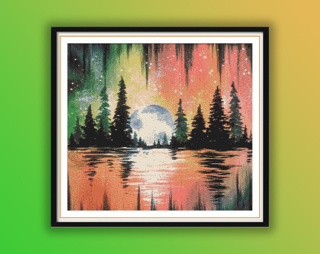 Serene Nocturnal Landscape Cross Stitch Pattern: Watercolor Lake ...