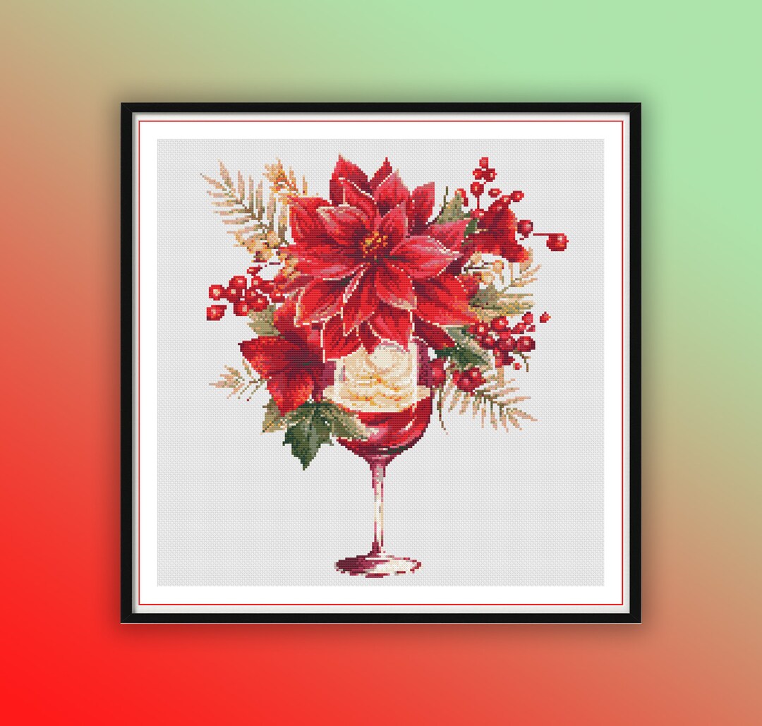 Watercolor Floral Christmas Wine Counted Cross Stitch PDF Pattern ...