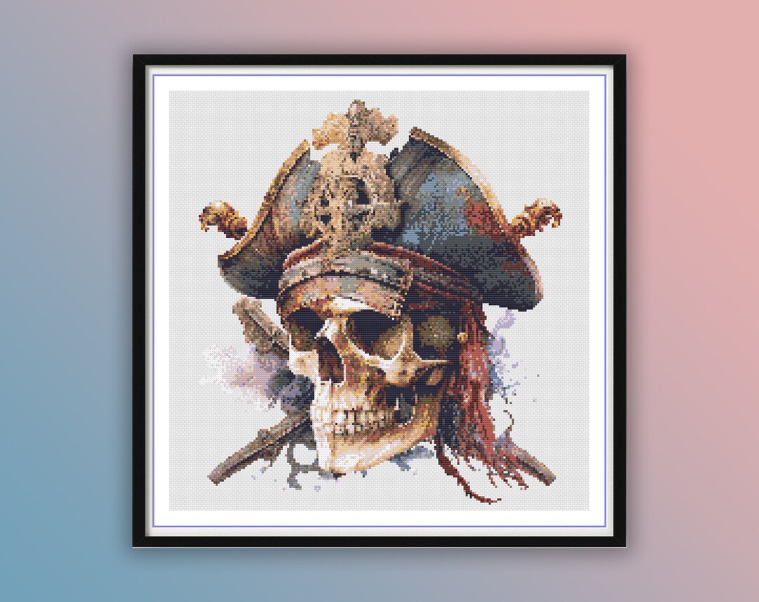 Retro Watercolor Pirate Skull Cross Stitch Pattern - Nautical Anchor ...