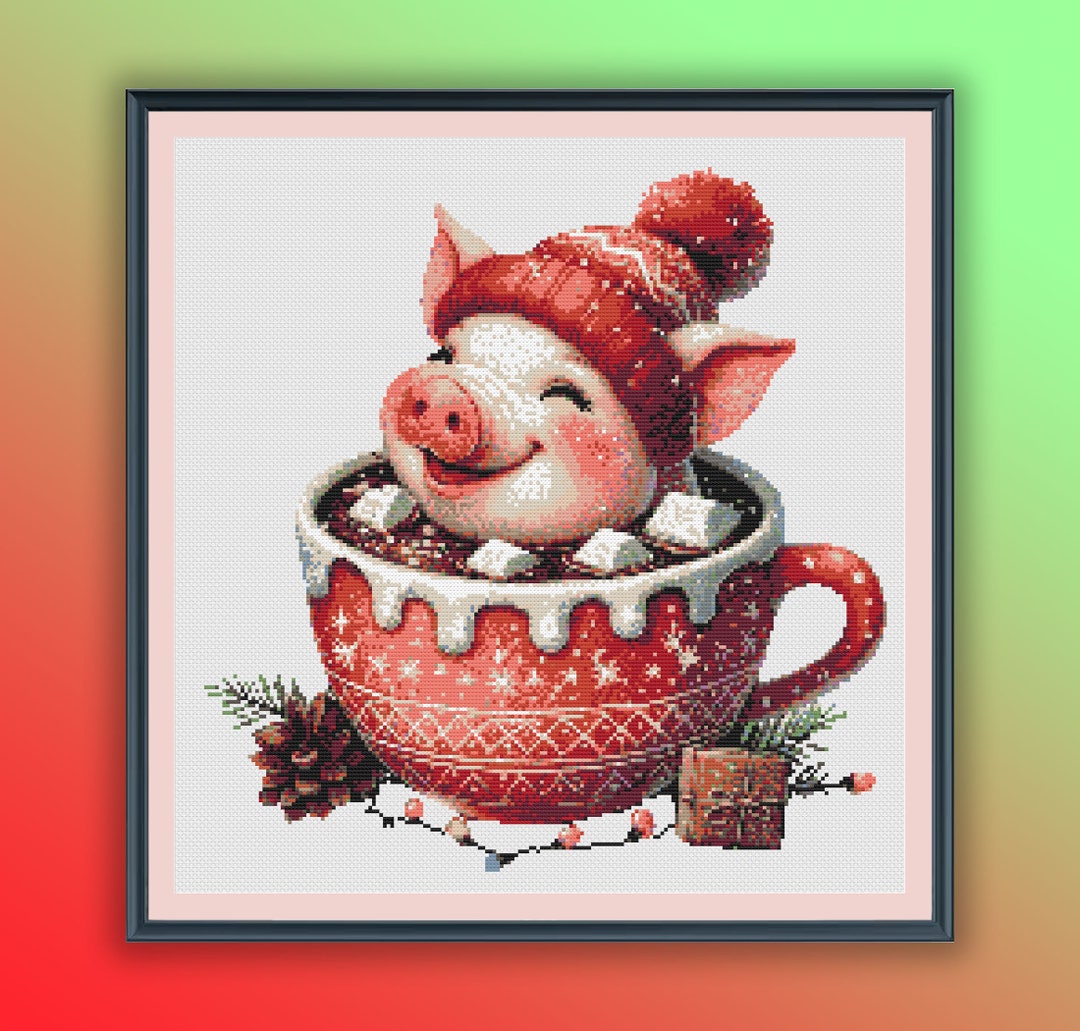 Festive Pig Sipping Cocoa Watercolor Cross Stitch Pattern - Christmas ...