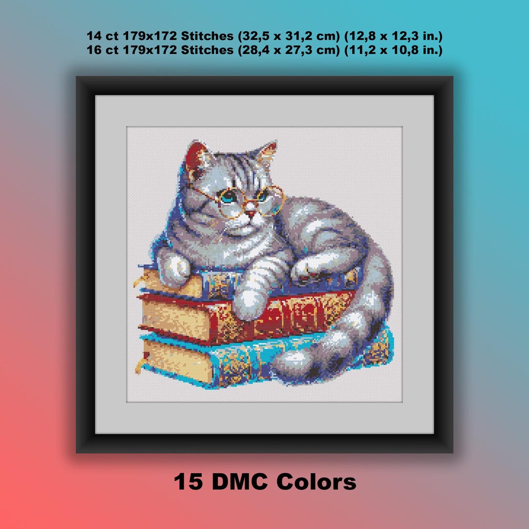 Counted Cross Stitch PDF Pattern, Watercolor Cute Bookworm Cat, Cat and ...