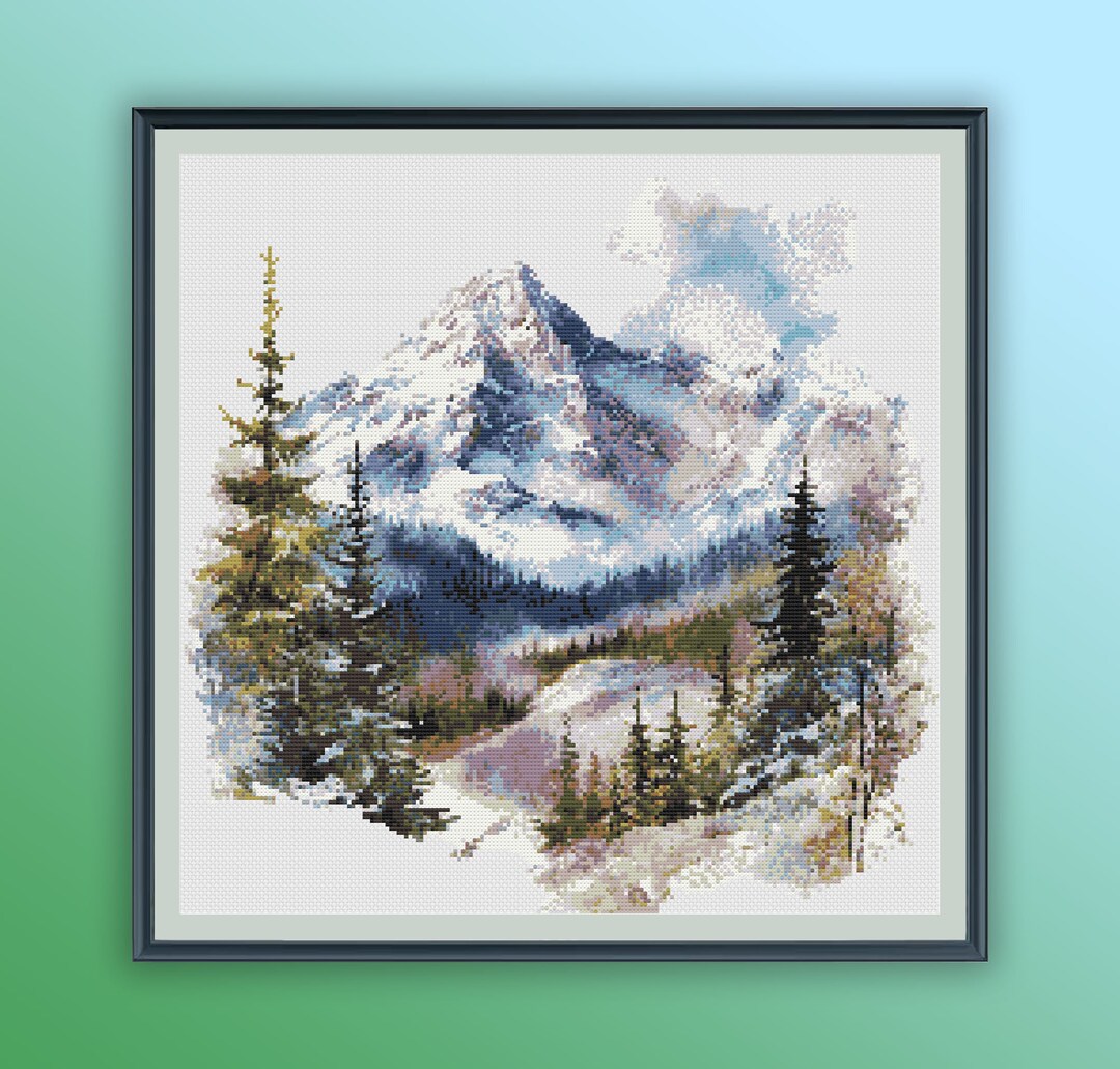 Watercolor Pine Forest Mountains Cross Stitch Pattern: Snowy Winter ...