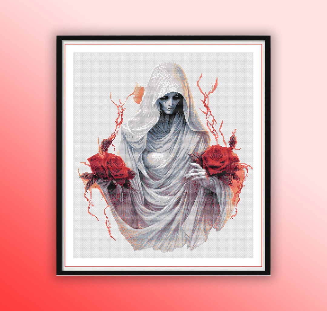Watercolor Scary Ghost With Red Roses Counted Cross Stitch PDF Pattern ...