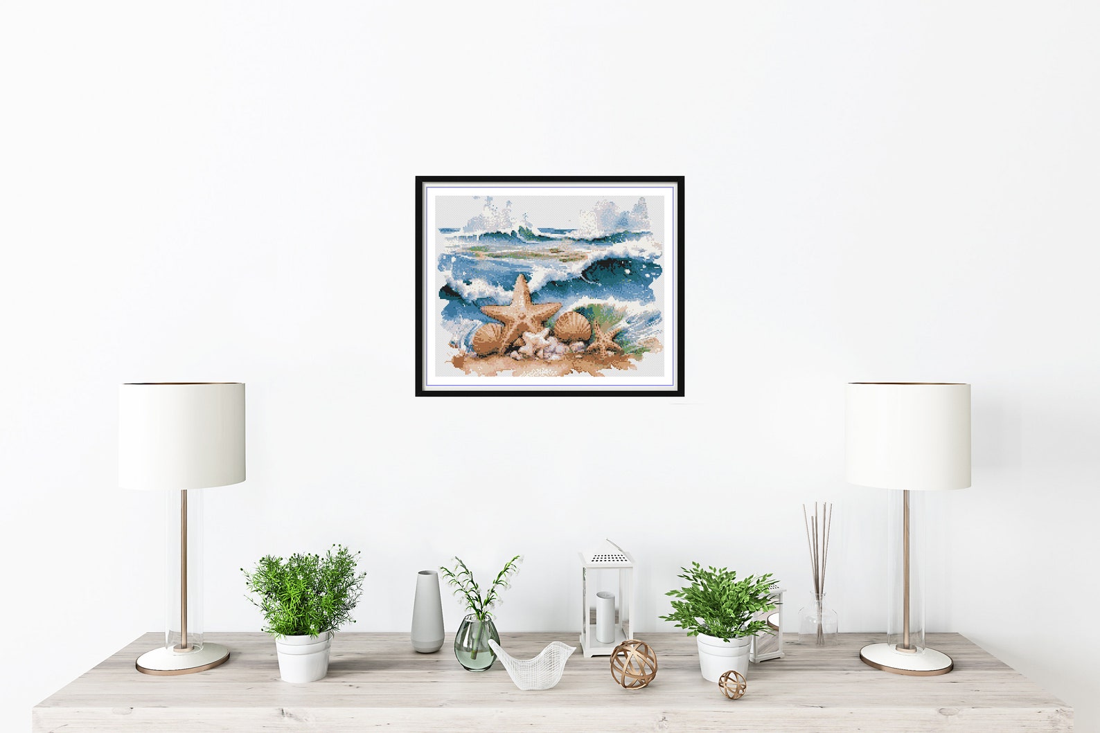 Watercolor Seascape Cross Stitch Pattern: Beach Scene With Starfish and ...