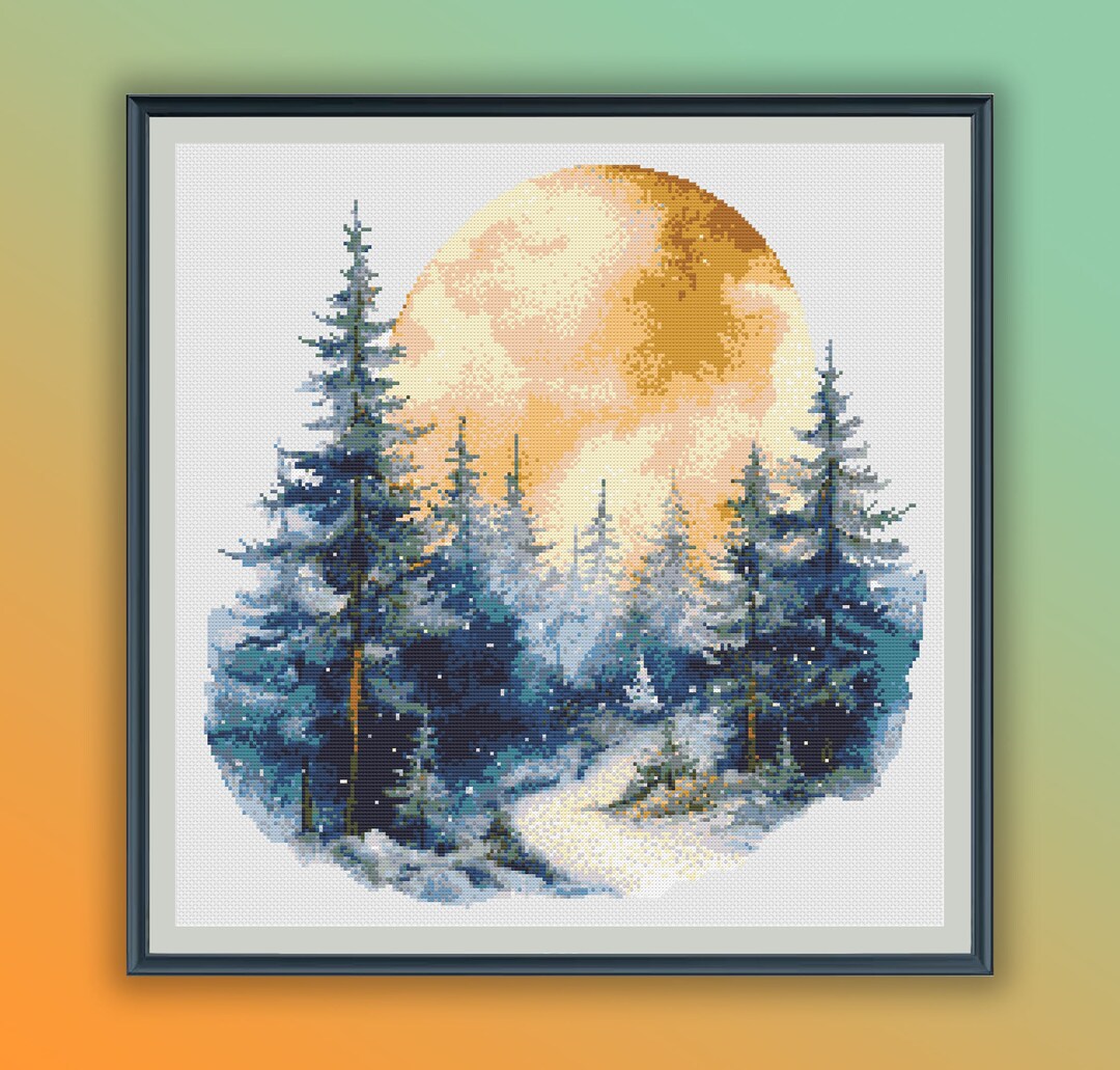 Watercolor Snowy Pine Forest and Full Moon Counted Cross Stitch PDF ...