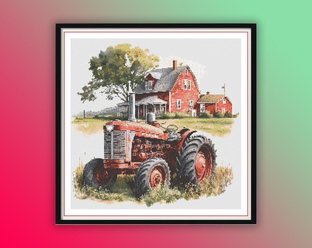 Vintage Farm Scene Cross Stitch Pattern: Watercolor Tractor, Farmhouse ...