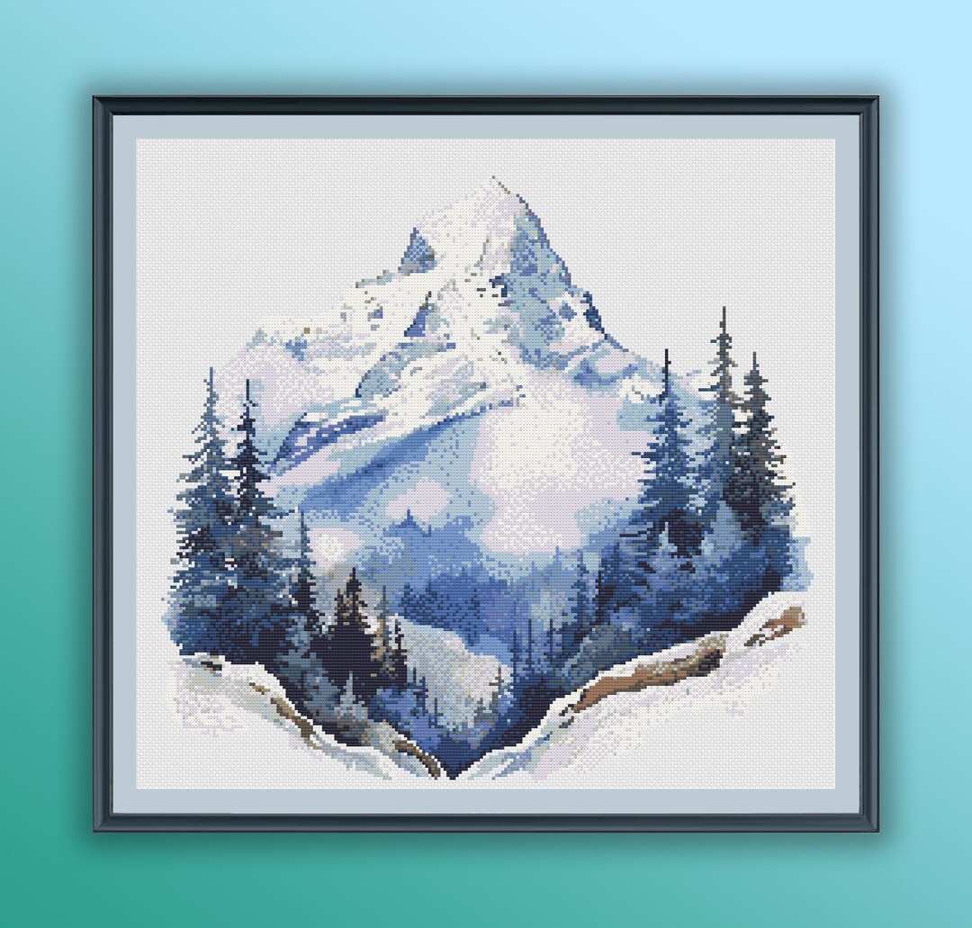 Scenic Winter Landscape Cross Stitch Pattern: Watercolor Pine Forest ...