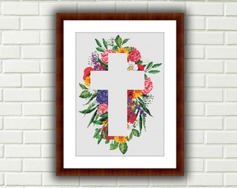 Christian Cross Cross Stitch Pattern With Flowers Easter | Etsy