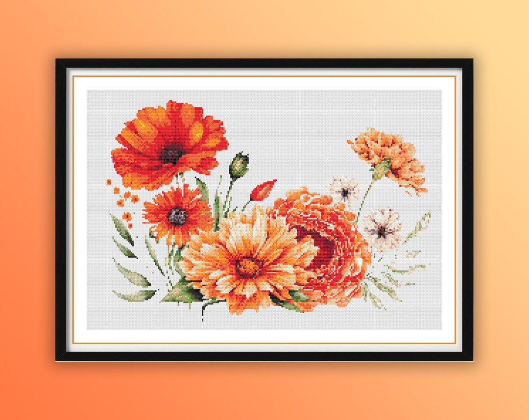 Watercolor Orange Flowers Counted Cross Stitch PDF Pattern, Bouquet ...
