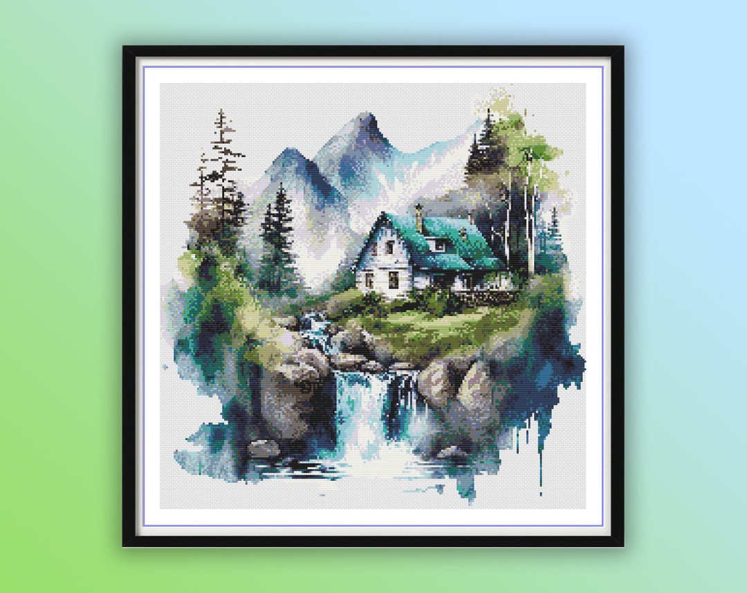 Watercolor Mountain River Cross Stitch Pattern: Landscape Embroidery ...