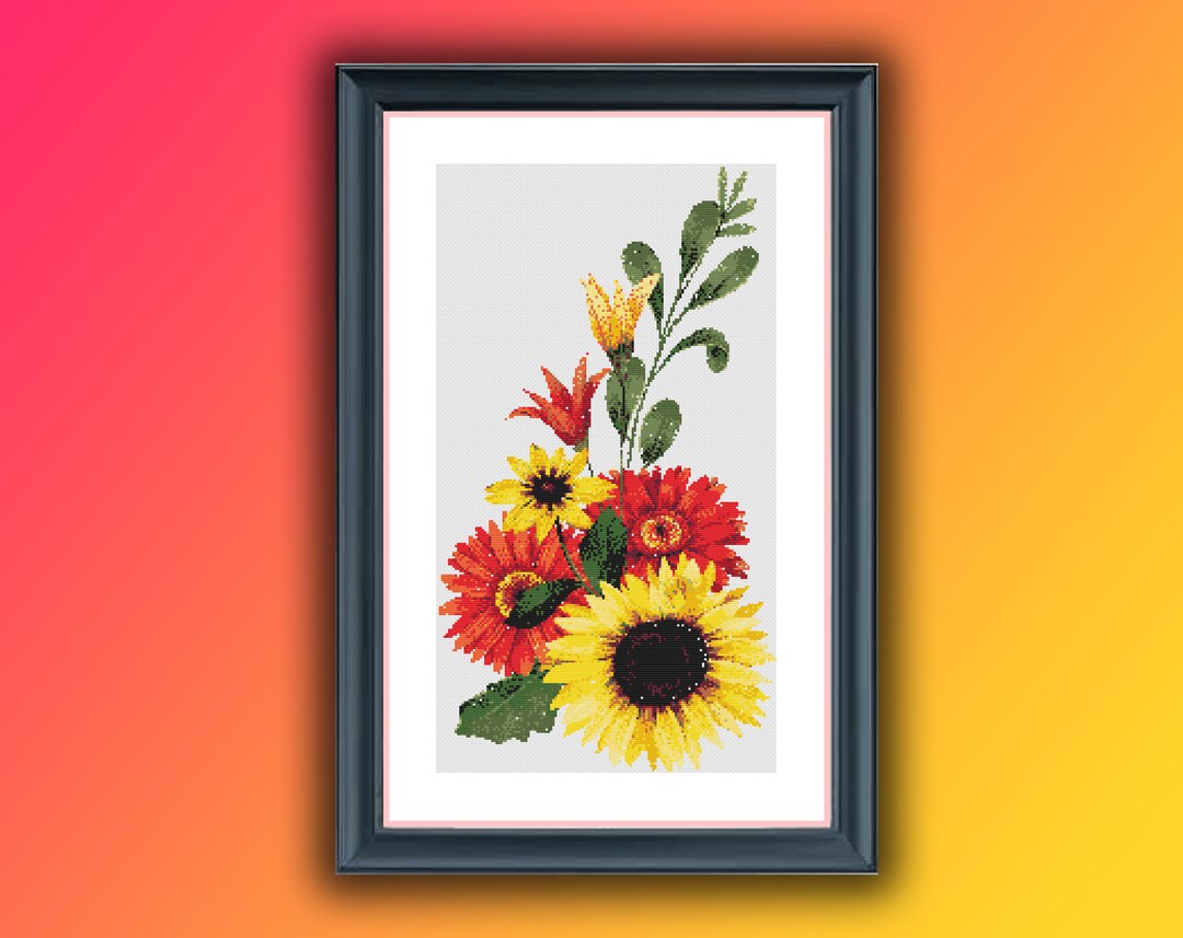 Gerbera & Daisy Bouquet Cross Stitch Pattern: Floral Embroidery Chart ...