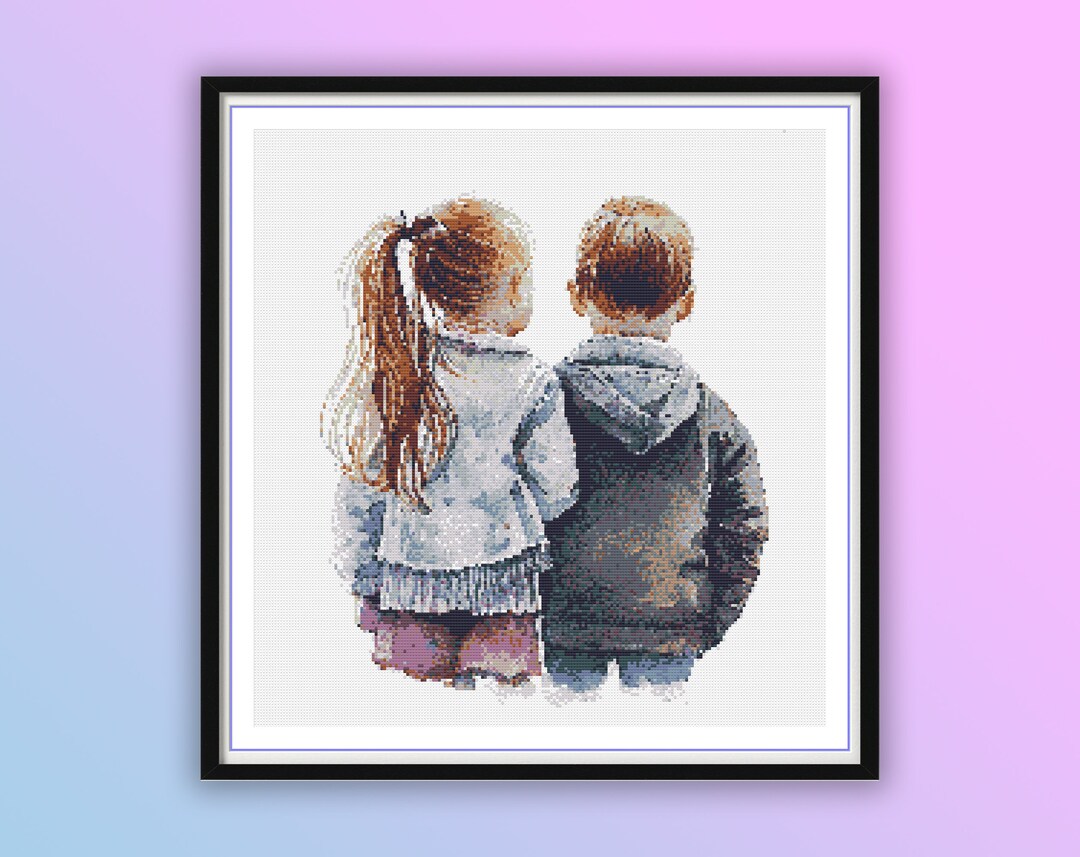 Watercolor Siblings Cross Stitch Pattern: Sister & Brother Embroidery ...