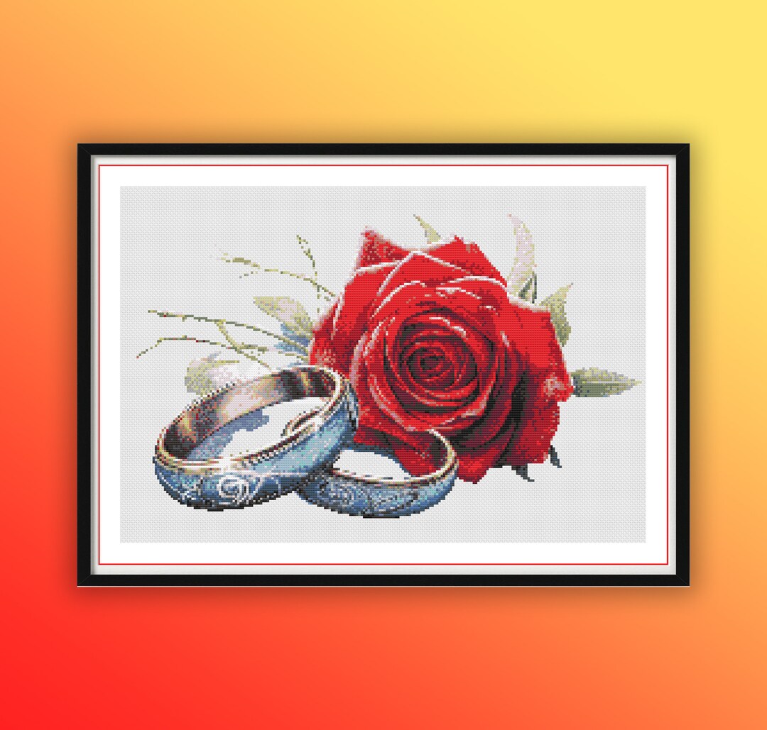 Watercolor Wedding Rings and Rose Counted Cross Stitch PDF Pattern ...