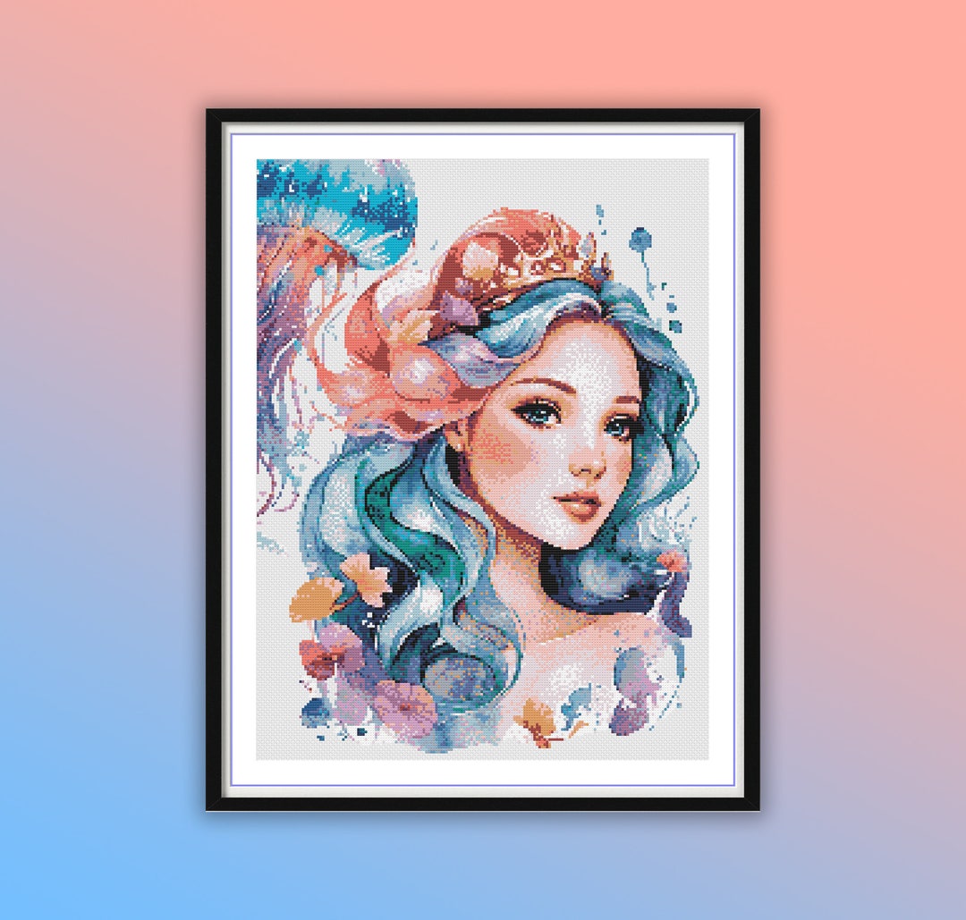 Watercolor Fairy Mermaid Counted Cross Stitch PDF Pattern, Ocean Life ...