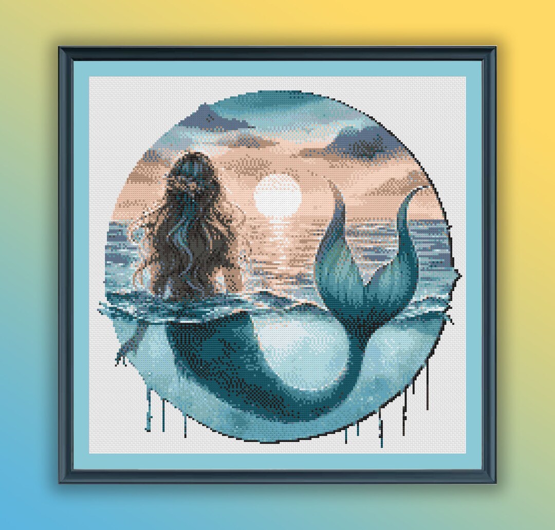 Watercolor Mermaid Counted Cross Stitch PDF Pattern, Ocean Life, Summer ...