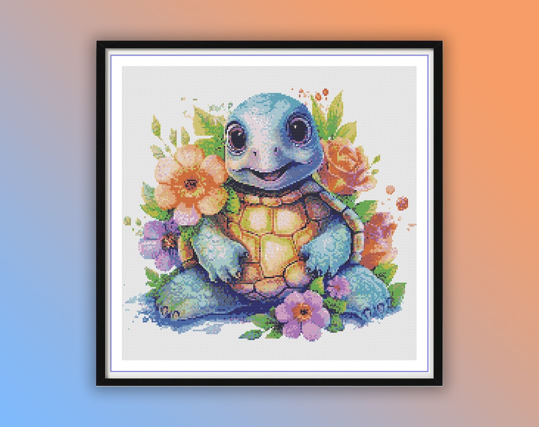 Watercolor Floral Baby Turtle Counted Cross Stitch PDF Pattern, Nursery ...