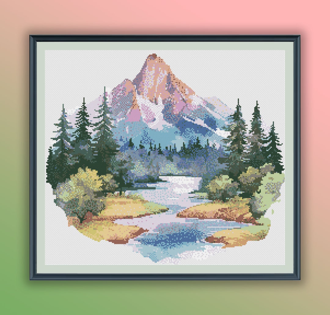 Watercolor River and Mountains Landscape Counted Cross Stitch PDF ...