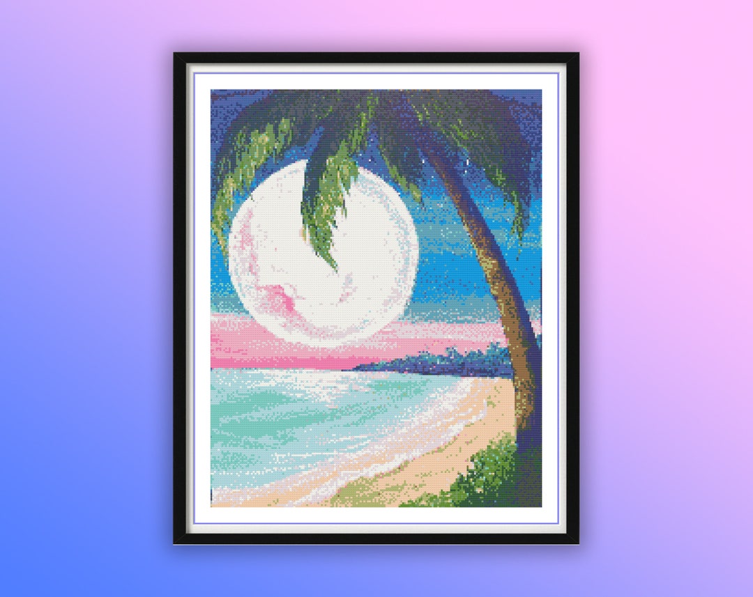 Watercolor Full Moon on the Beach Landscape Counted Cross Stitch PDF ...