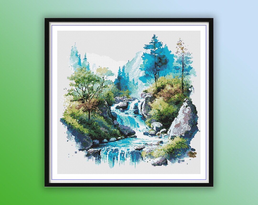 Watercolor River and Mountains Landscape Counted Cross Stitch PDF ...