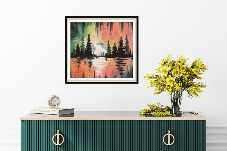 Serene Nocturnal Landscape Cross Stitch Pattern: Watercolor Lake ...