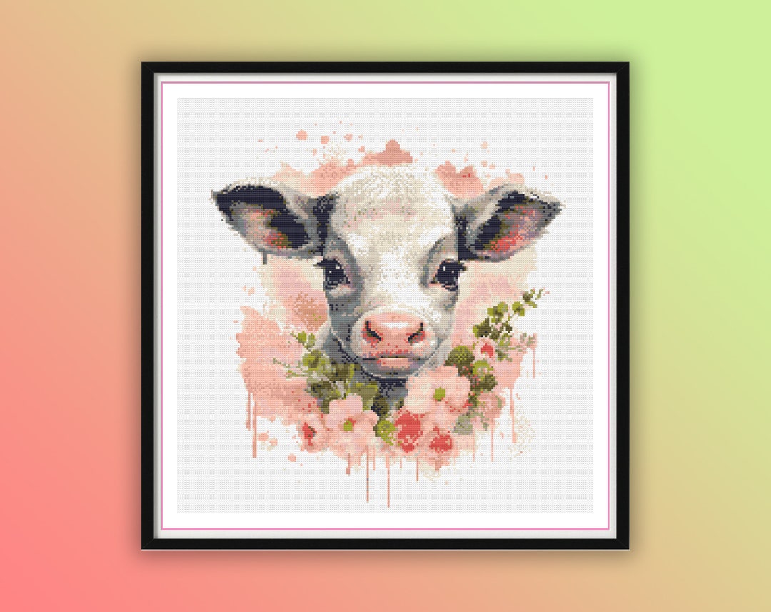 Watercolor Floral Highland Calf Counted PDF Cross Stitch Pattern, Baby ...