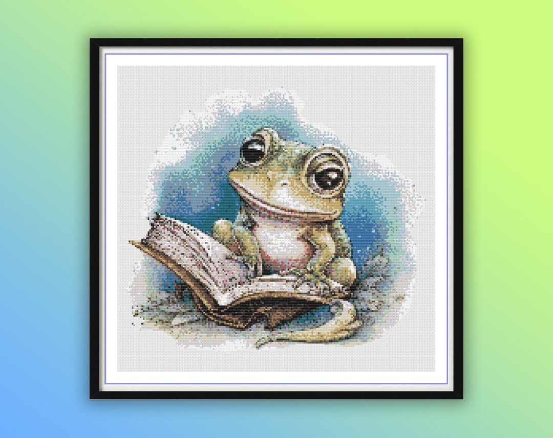 Watercolor Cute Frog Studying Counted Cross Stitch PDF Pattern, Book ...