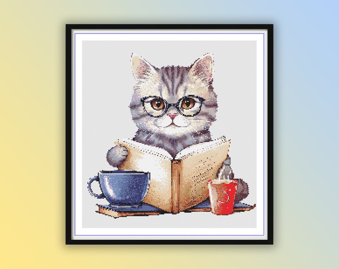 Watercolor Cat Reading Book Counted Cross Stitch PDF Pattern, Clever ...
