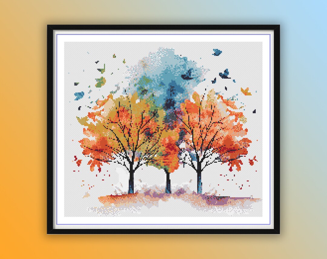 Watercolor Autumn Forest Landscape Cross Stitch Pattern: Woodland ...