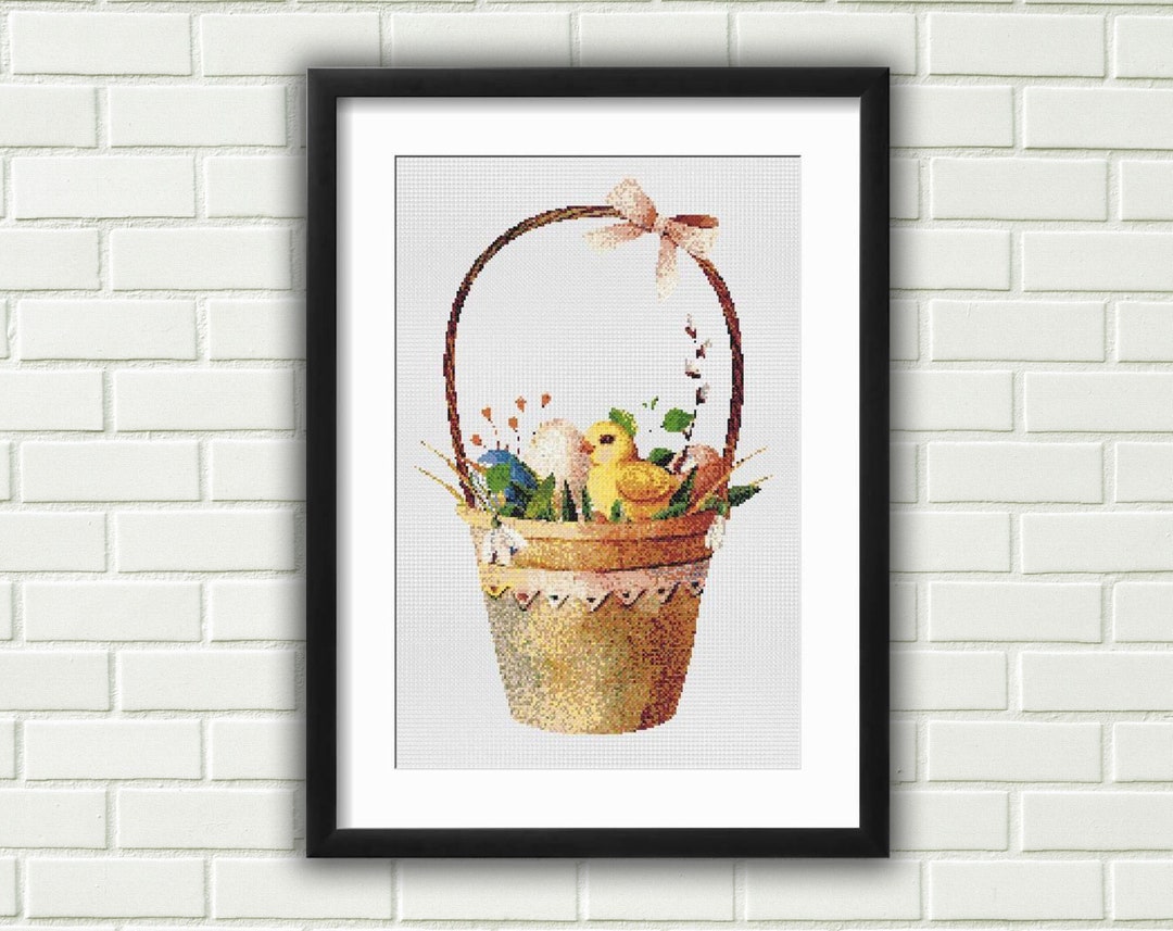 Happy Easter Basket Cross Stitch Pattern, Easter Chickens Cross Stitch ...