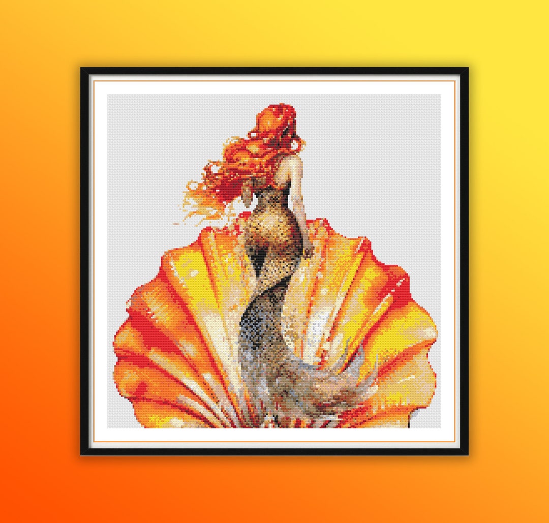Watercolor Fire Mermaid Counted Cross Stitch PDF Pattern, Sea Treasures ...