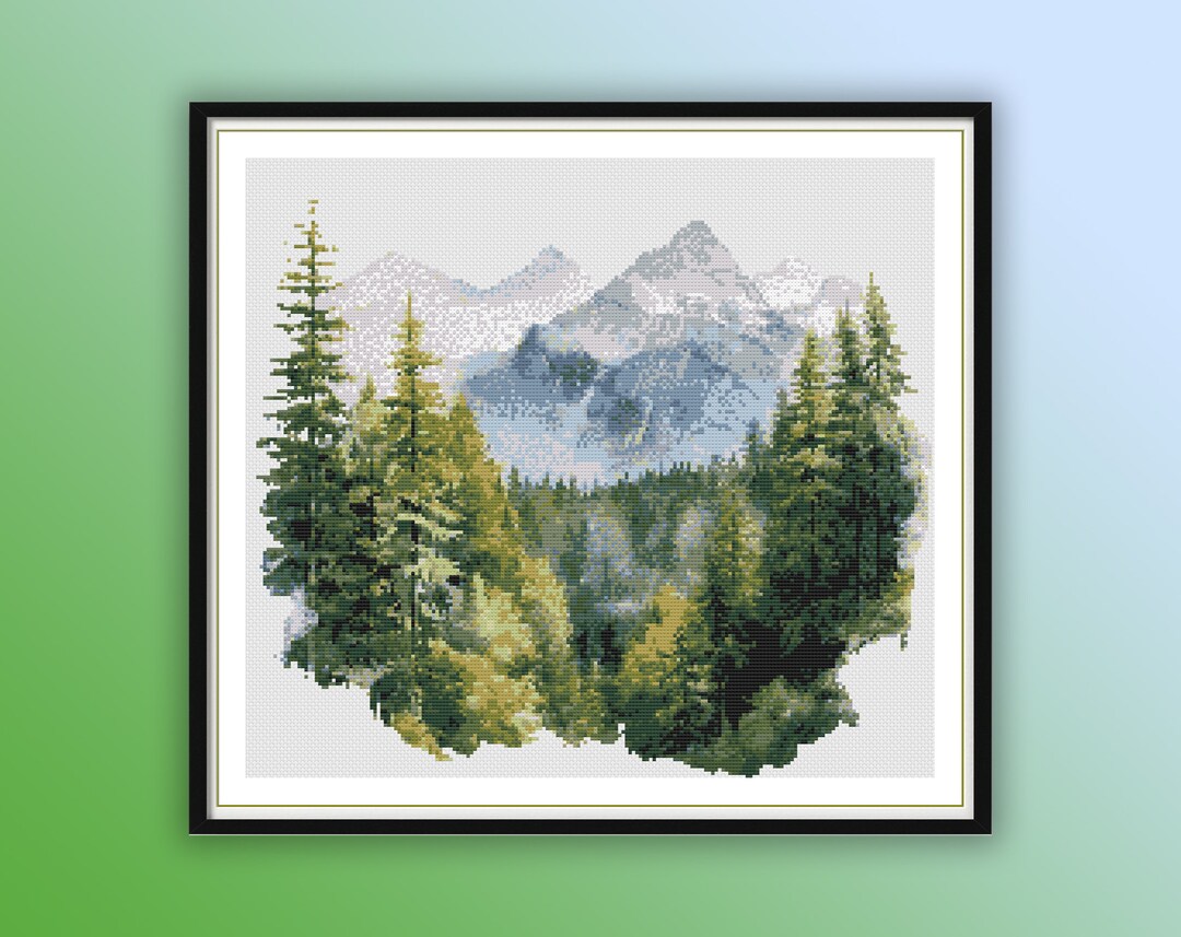 Watercolor Pine Forest and Mountains Counted Cross Stitch PDF Pattern ...