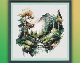Watercolor Forest River Landscape Counted Cross Stitch PDF Pattern ...