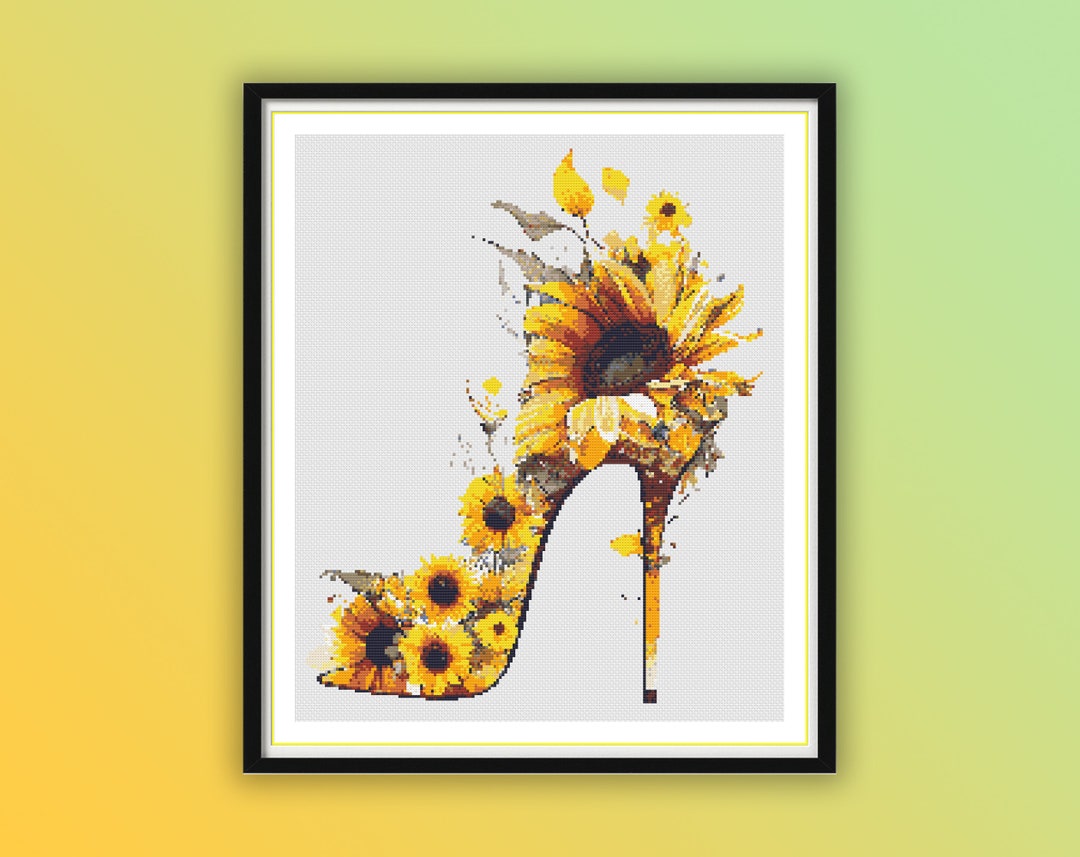 Watercolor Sunflower High Heel Counted Cross Stitch Pattern - Floral ...